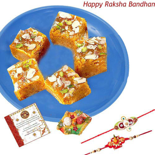Utsav Treat - Kesar Mohanthal, 2 Rakhi, Free Greeting Card & Roli-Chawal